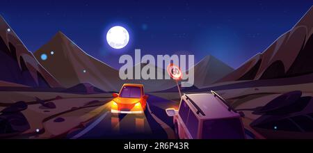 Cars driving night mountain desert road. Vector cartoon illustration ...