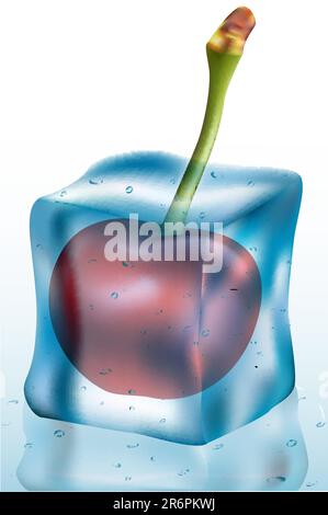 Fresh ripe cherry in ice cube isolated on transparent background ...