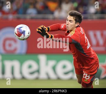 Columbus Crew goalkeeper Patrick Schulte (28) misses the ball as ...