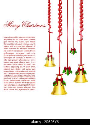 Merry Christmas with golden bells postcard design. Inscription with ...