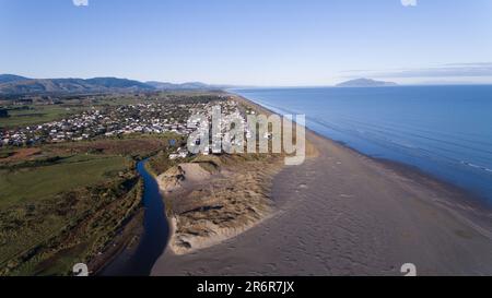 Aerial morning view of Otaki Beach, Kapiti coast, New Zealand Stock ...