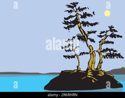 Twisted pine trees from my own scratchboard image sitting on an outcrop ...