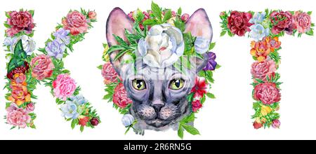 Word CAT of watercolor flowers, isolated hand drawn on a white ...