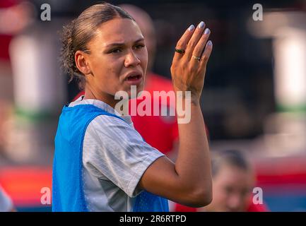 Washington Spirit forward Trinity Rodman walks to the field to throw ...