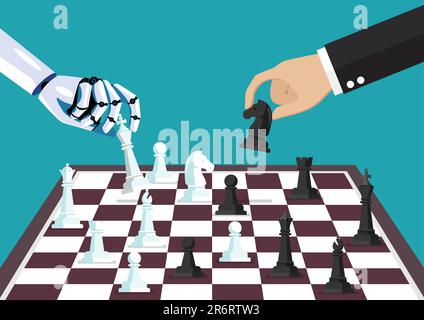 Vector of a robot and human hand playing chess game. Artificial ...