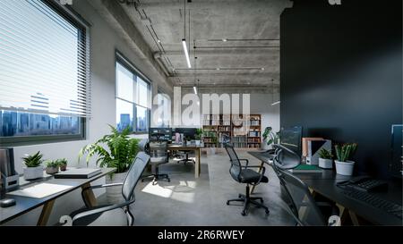 Modern office interior with exposed concrete ceiling and floor. 3d ...
