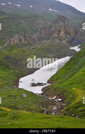 Switzerland, snow remains, Rhone origin, nostalgic railway line at ...