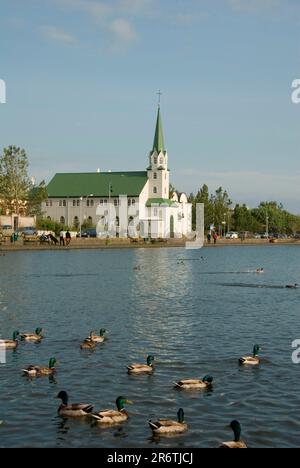 Lake Tjoernin, Frikirkja, Reykjavik, Iceland, Tjoernin Stock Photo - Alamy