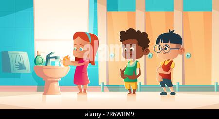 Queue to the toilet. People waiting at WC door stand in line. Unhappy ...