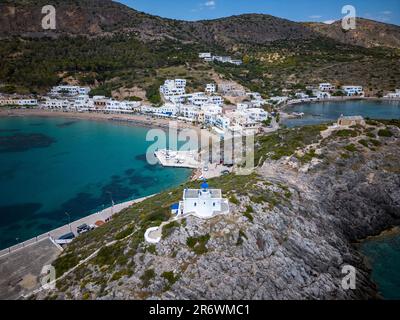 Village and port of Kapsali on the Greek island of Kythira from the air ...