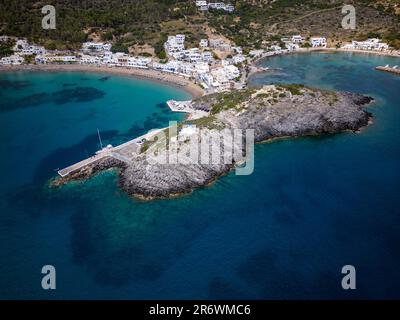 Village and port of Kapsali on the Greek island of Kythira from the air ...