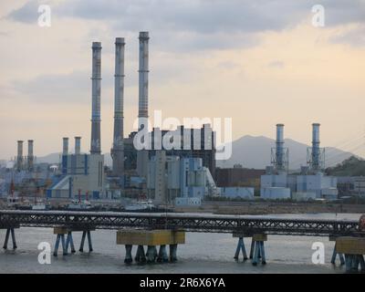 View of the heavily industrialised Port of Ulsan in South Korea with ...