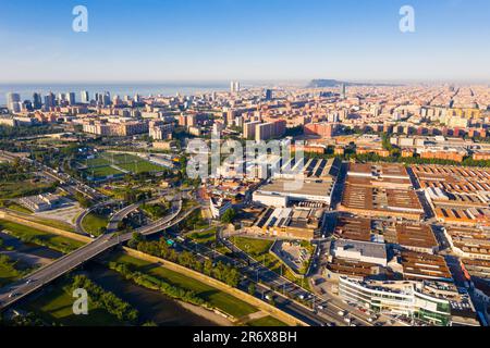 Aerial view of Sant Adria de Besos and Barcelona on Besos river, Spain ...