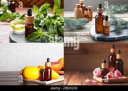 Collage with citrus essential oils in water on color background, top ...