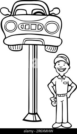 Repairman standing next to a car lifted in the air by a hydraulic lift ...