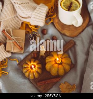 Autumn composition with pumpkins, lemon tea, acorns, and guelder rose ...