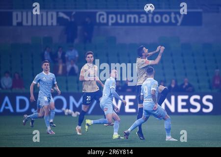 Jason Hoffman of the Newcastle Jets heads the ball during their round ...