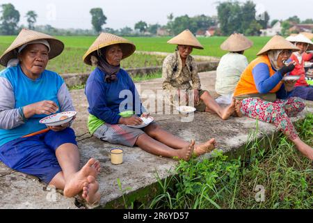 Rice farmers having a breakfast during a planting season in Karanganyar ...