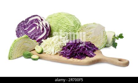 Different whole and cut types of cabbage on white background Stock ...