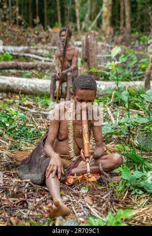 Woman of the Korowai tribe is smoking a traditional pipe. Tribe of ...