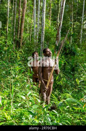 Men Korowai tribe are returning from hunting. Tribe of Korowai (Kombai ...