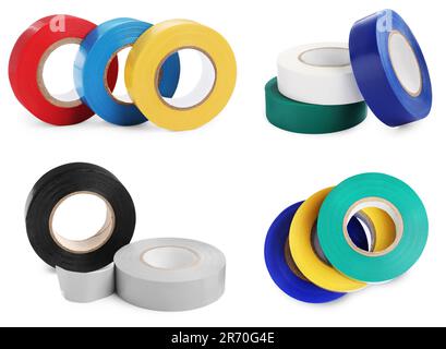 Collage with insulating tapes in different colors on white background ...