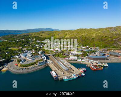 Aerial view from drone of Kyle of Lochalsh village and harbour in Ross ...