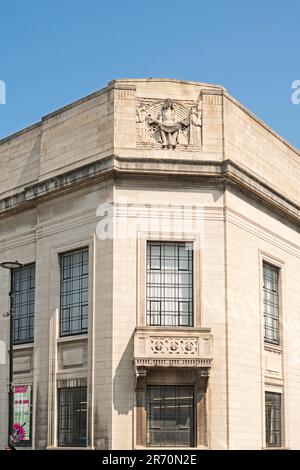 Detail view of Sheffield City library building showing the carved ...
