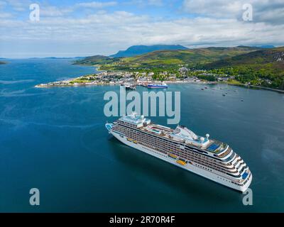 Aerial view of Regent Seven Seas Splendor cruise ship at Ullapool ...