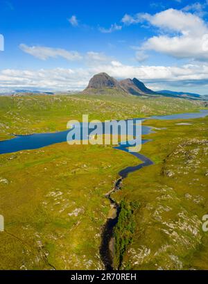 Aerial view of Suilven mountain and Fionn Loch in Assynt-Coigach ...