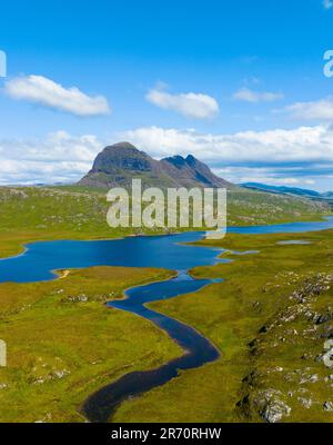 Aerial view of Suilven mountain and River Kirkaig in Assynt-Coigach ...