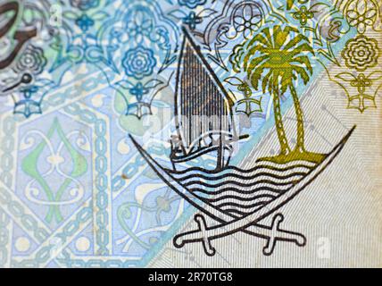 Details from the obverse side of 1 Qatari Riyal cash money currency of ...