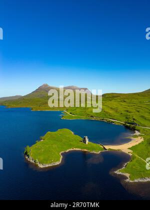 Aerial view from drone of Ardvreck Castle on North Coast 500 route at ...