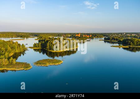 An aerial of the picturesque Trakai Island Castle in Lithuania on lake ...