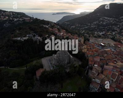 Aerial view of the Tropaeum Alpium monument, an ancient Roman monument ...