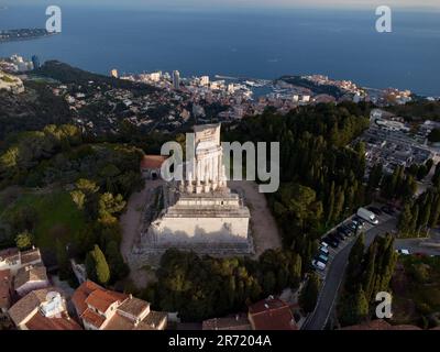 Aerial view of the Tropaeum Alpium monument, an ancient Roman monument ...
