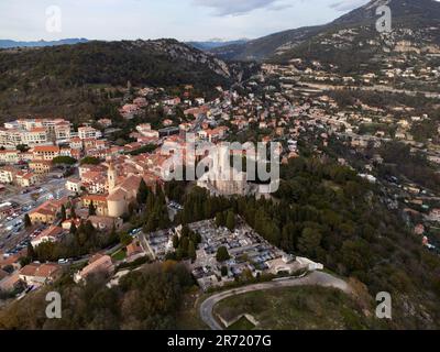 Aerial view of the Tropaeum Alpium monument, an ancient Roman monument ...