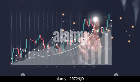 Hand touching screen with virtual increasing technical graph for trader analysis business stock ...