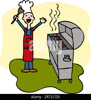 Person cooking on barbecue grill , vector cartoon stick figure or ...