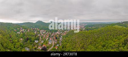 Drone panorama of thuringian city Eisenach with Wartburg castle during ...