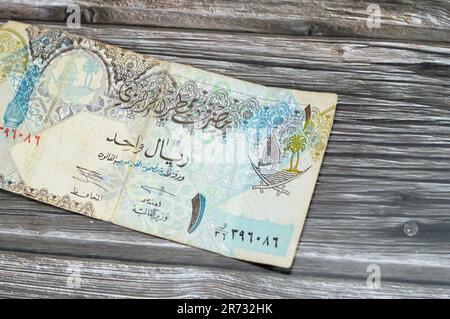 obverse side of 1 Qatari Riyal cash money currency of Qatar banknote ...