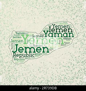 Yemen shape. Country word cloud with region division. Yemen colored ...