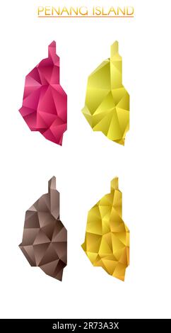 Set of vector maps of Penang Island. Vibrant waves design. Bright map in geometric smooth curves ...