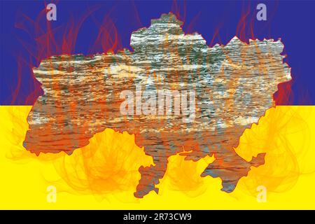 Concept collage. Flag of Ukraine with a contour map filled with water ...