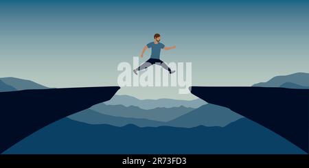 sporty man successful jumping over a cliff on mountain landscape Stock ...