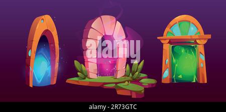 Fairy magic portal cartoon game vector set. Fantasy teleport door to parallel dimension. Wizard ...