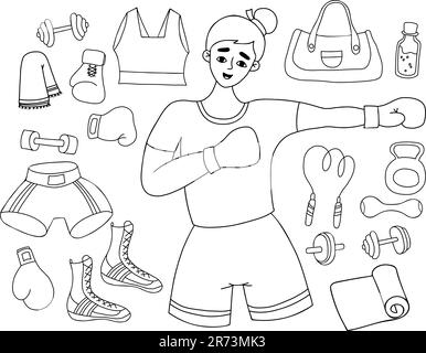 Collection outline doodles female sports. Woman boxer, sportswear, jump ...