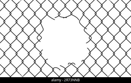 Broken wire mesh fence. Rabitz or chain link fence with cut hole. Torn ...