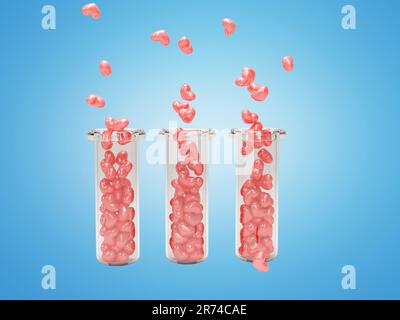 Red hearts in test tubes for valentines day 3d illustration on white ...