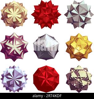 Color glossy faceted star shaped spheres, 3d stars, globes and gems set ...